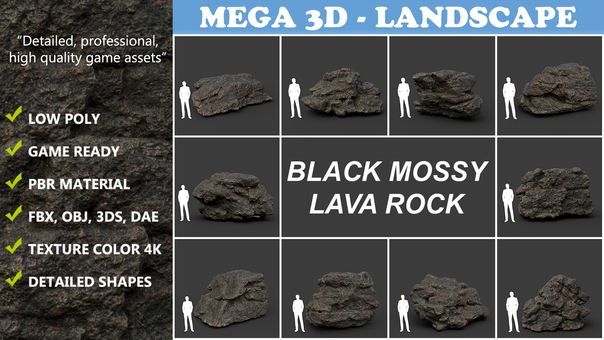 Low poly Black Mossy Lava Modular Rock 210720 | Fab