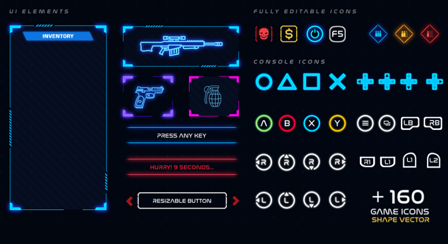 TECHNO SCI-FI CYBERPUNK FUTURISTIC UI ELEMENTS - EDITABLE PSD VECTOR