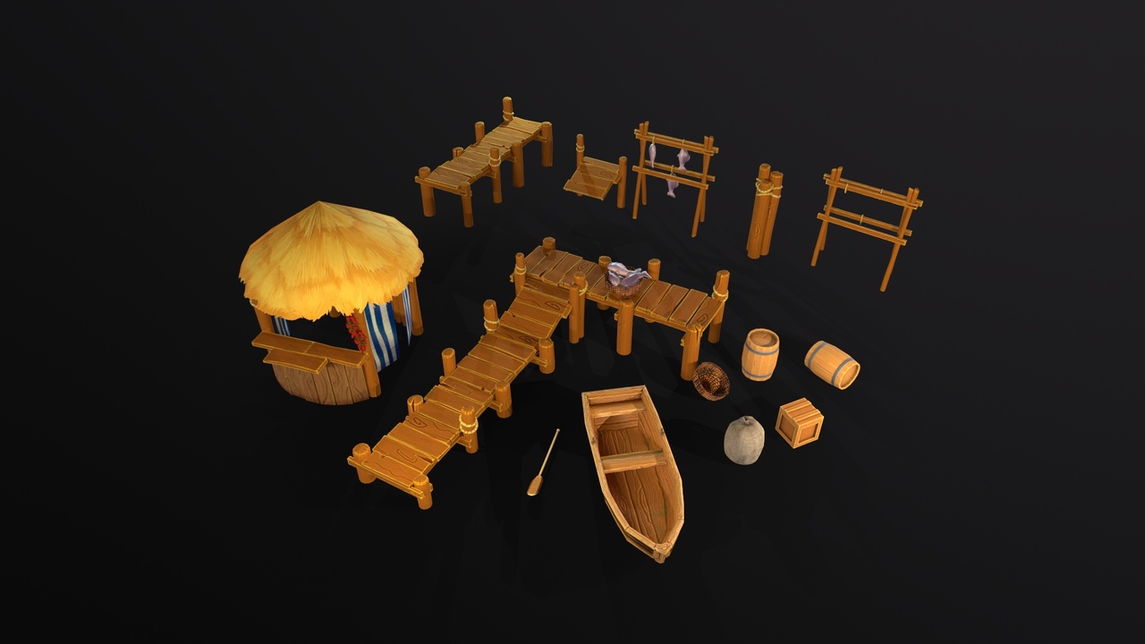Stylized Fantasy Medieval Fishing Pier, Market Hut Stall, Boat and Port ...
