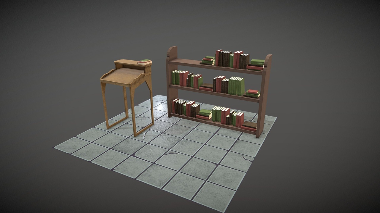 Stylized medieval library or study room game asset - handpainted ...