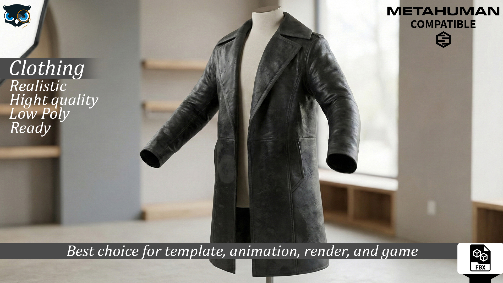 Realistic Black Leather Trench Coat Metahuman Compatible | Fab