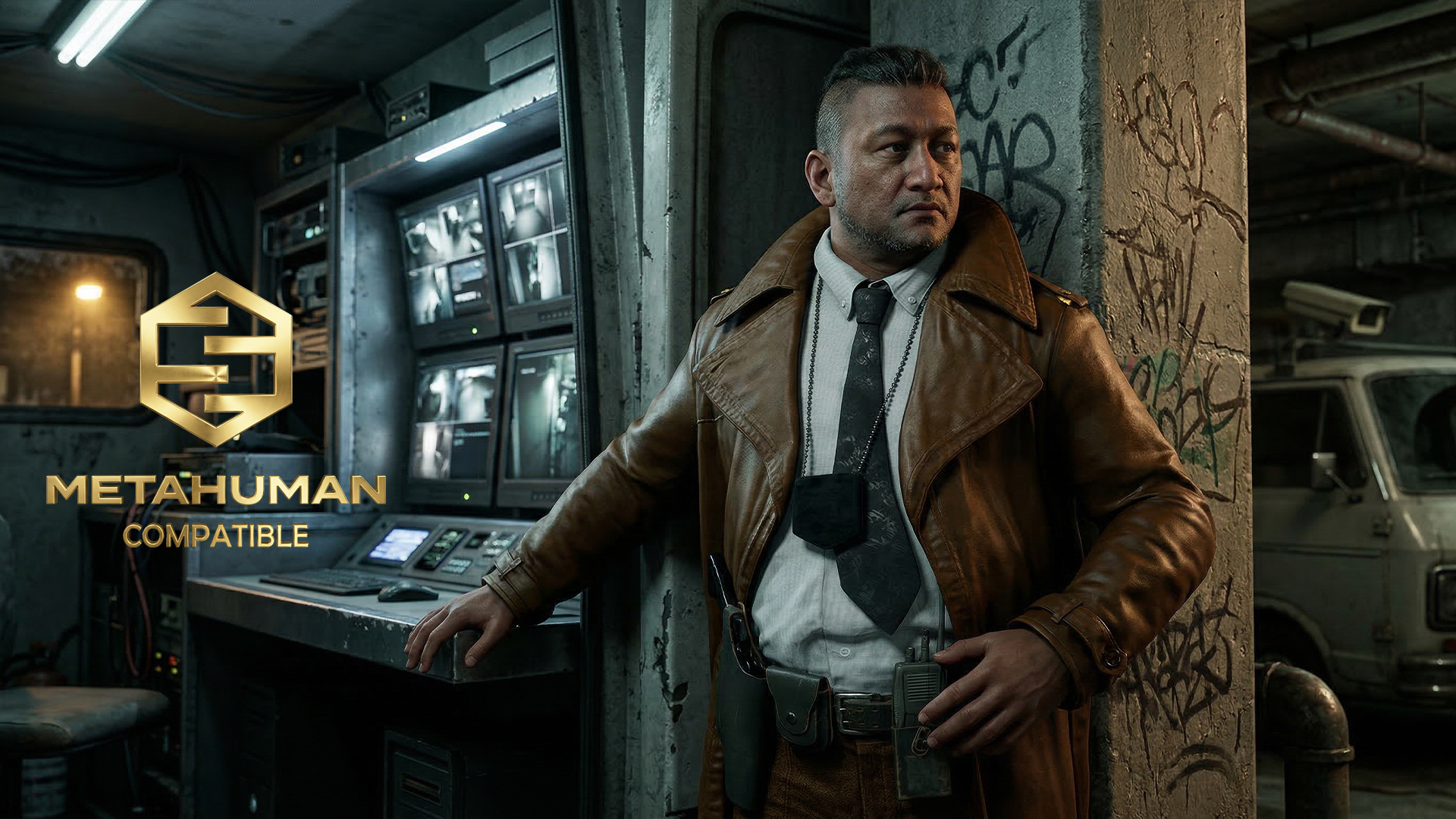 Brown Leather Detective Trench Coat with Shirt and Tie Urban ...