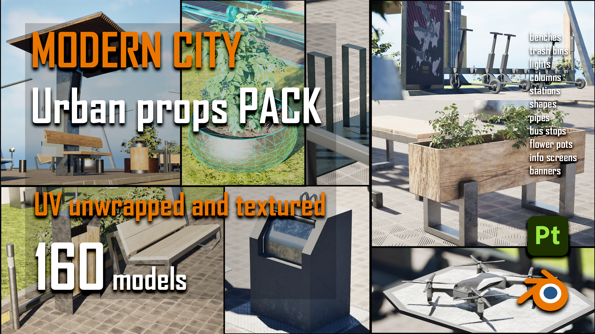 160 models. Modern City pack. With textures. Minimalistic and modern | Fab