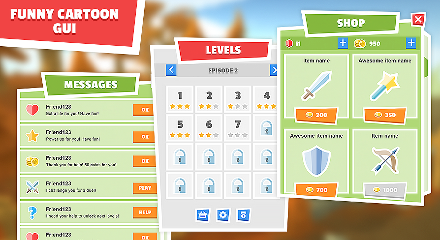 CARTOON, CLEAN GUI / UI KIT + WIDGETS + ICONS + PSD SOURCES