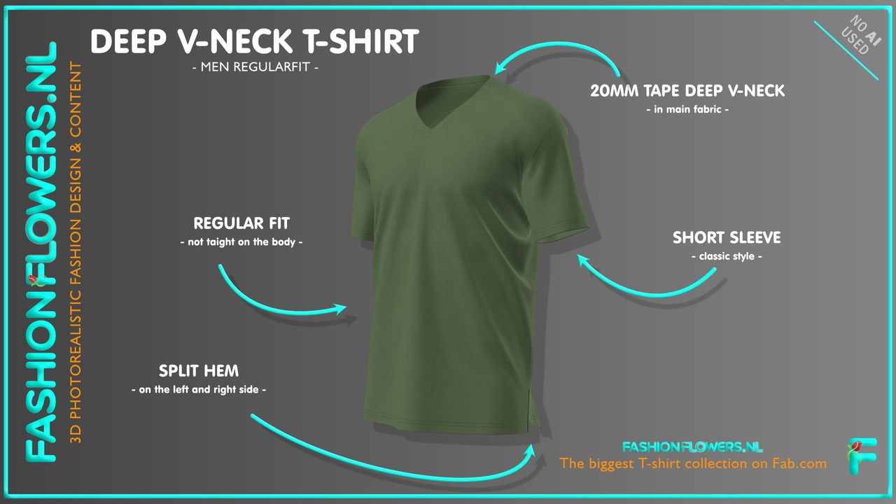 Green Colour Deep V-Neck Side Splits T-shirt | Short Sleeve 20mm Tape V ...