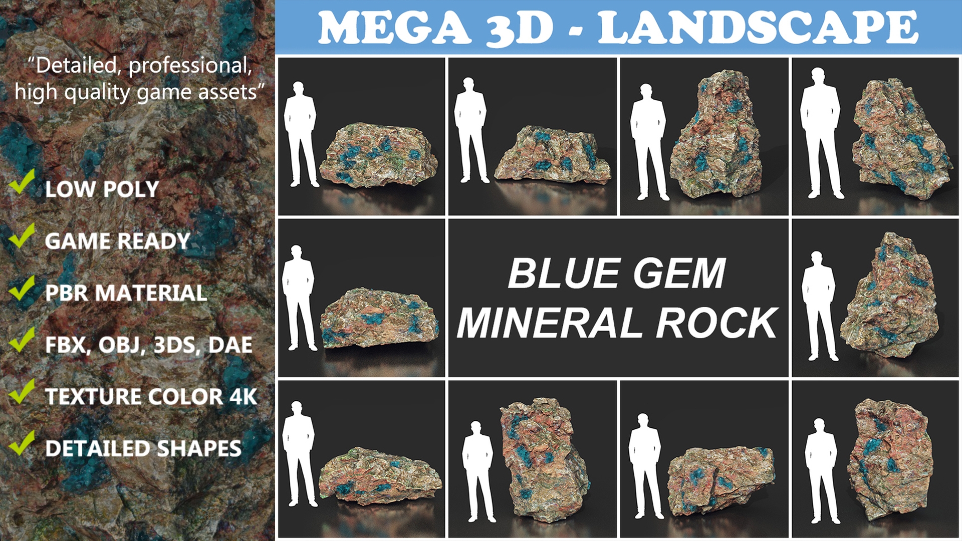 Low Poly Blue Gem Mineral Rock 210823 | Fab