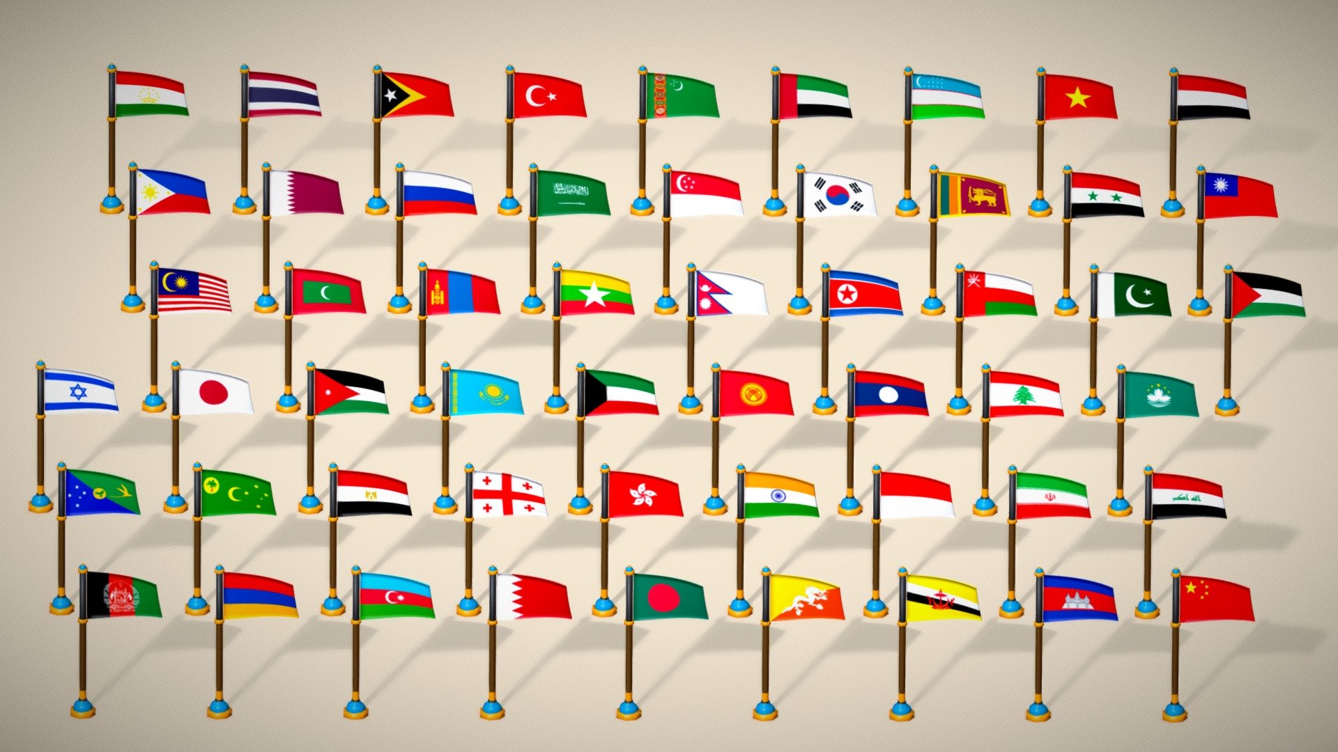 Asia Countries Flags Pack - Toon Style Low Poly | Fab