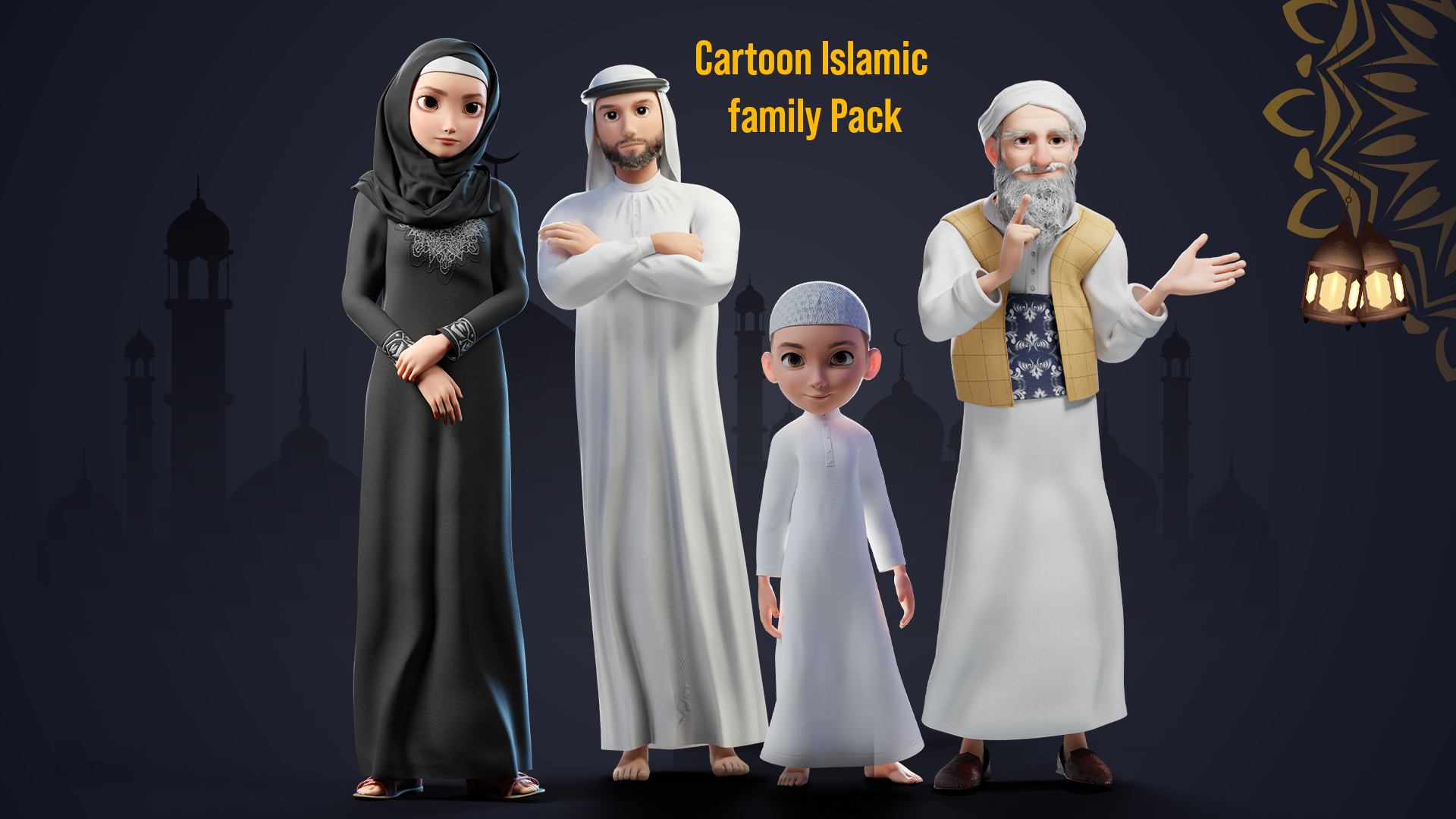 Cartoon Muslim Family 3D Character Pack | Fab