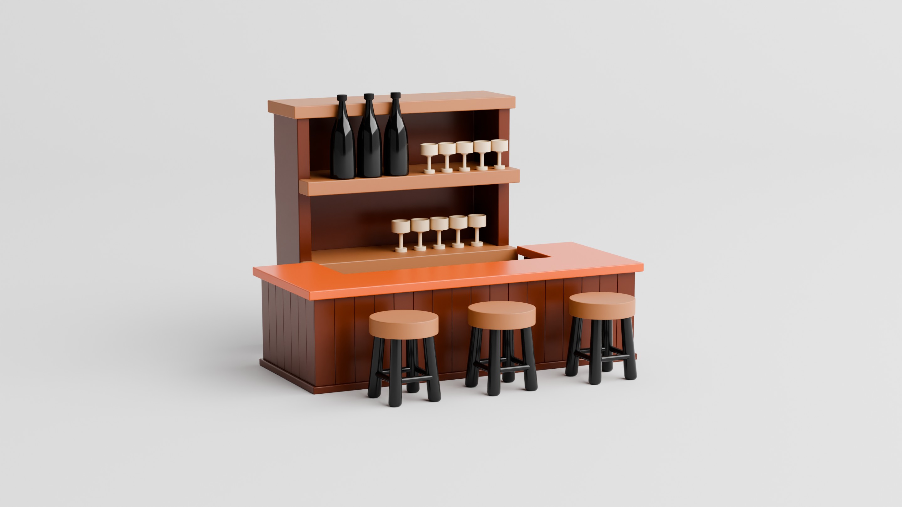 Stylized Low Poly Bar Counter Set with Stools and Shelves | Fab