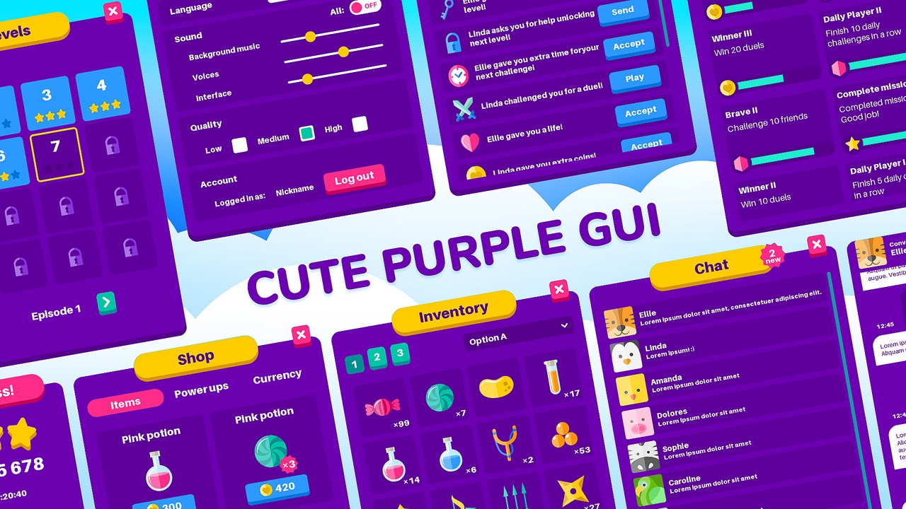 Cute purple GUI / UI complete Kit + icons, widgets, cursors, source ...