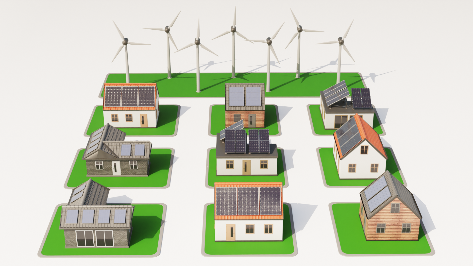 Sustainable Village - Solar Panel Houses and Wind Turbines Scene | Fab