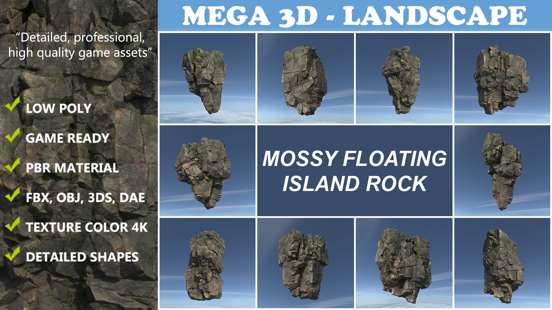 Low poly Mossy Floating Island Rock Pack 211205 | Fab