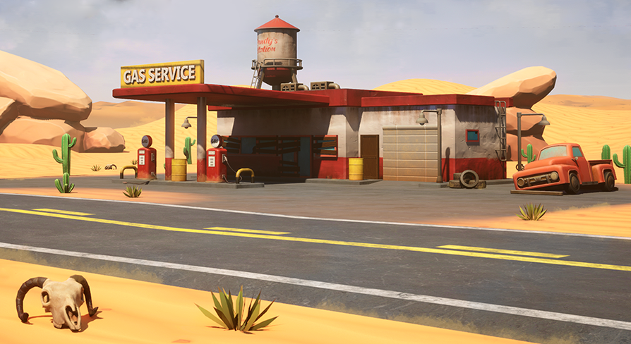 Stylized Abandoned Gas Station and Desert | Fab