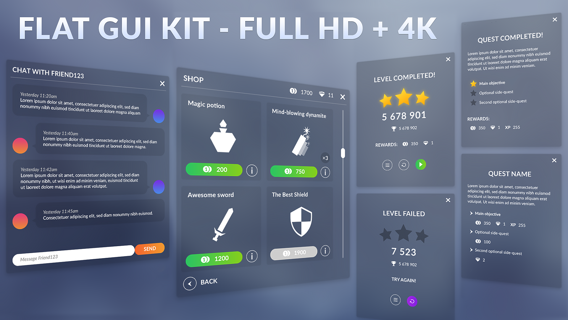UNIVERSAL FLAT GUI/UI KIT + WIDGETS, ICONS, FOR HD/4K SCREENS, PSD ...