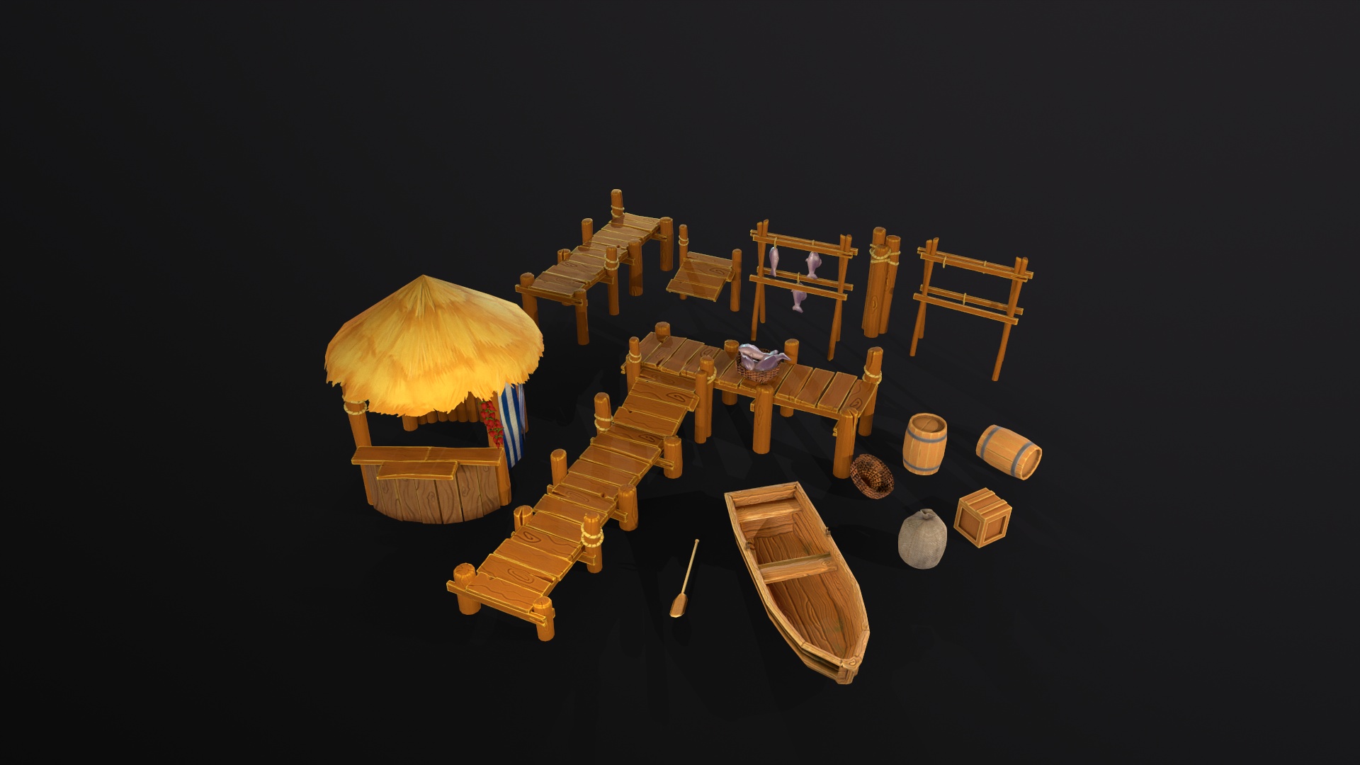 Stylized Fantasy Medieval Fishing Pier, Market Hut Stall, Boat and Port ...